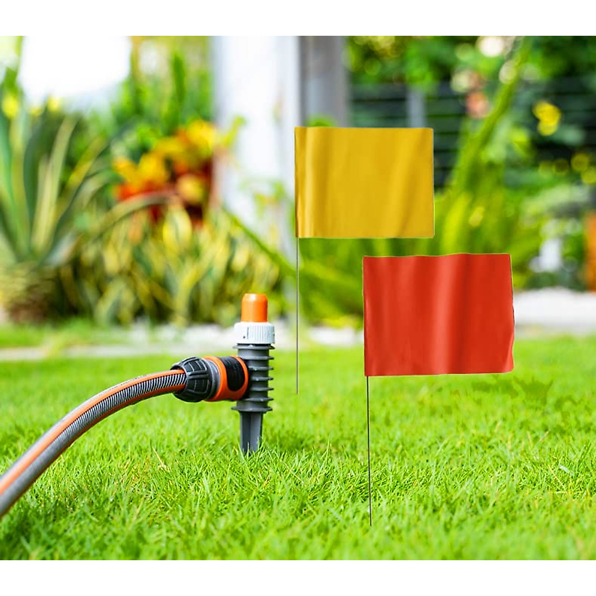 100 Pack Marking Flags Marker Flags for Lawn 4-Inch by 5-Inch Stake Flags with 16-Inch Wire Staffs (3 Colors B)