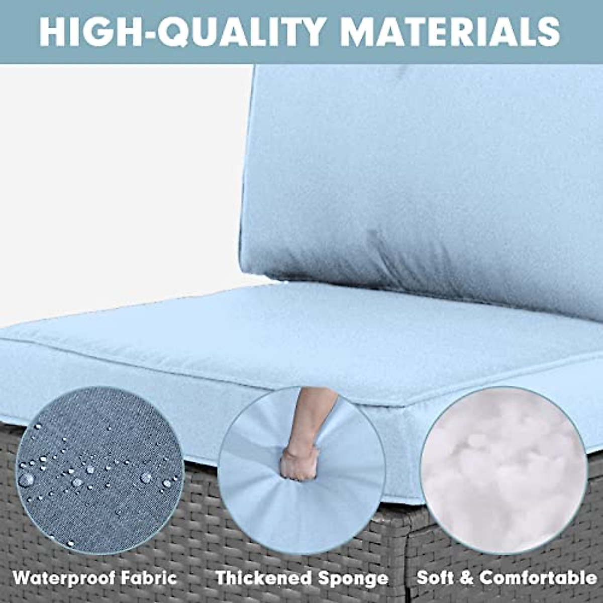 SOLAURA 7-Piece Outdoor Patio Furniture Set, Gray Wicker Conversation Furniture Modular Sectional Sofa Set with YKK Zipper &Coffee Table - Sky Blue