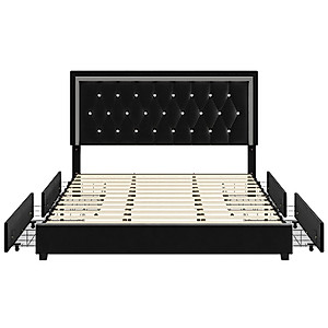 HITHOS King Size Bed Frame with 4 Storage Drawers and Adjustable Headboard, Modern Upholstered Platform Bed with Wood Slat Support, Diamond Button Tufted Design, No Box Spring Needed (Black, King)
