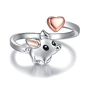 Mic Tai 925 Sterling Silver Pig Rings - Cute Heart Animal Adjustable Thumb Ring Jewelry Gift for Women