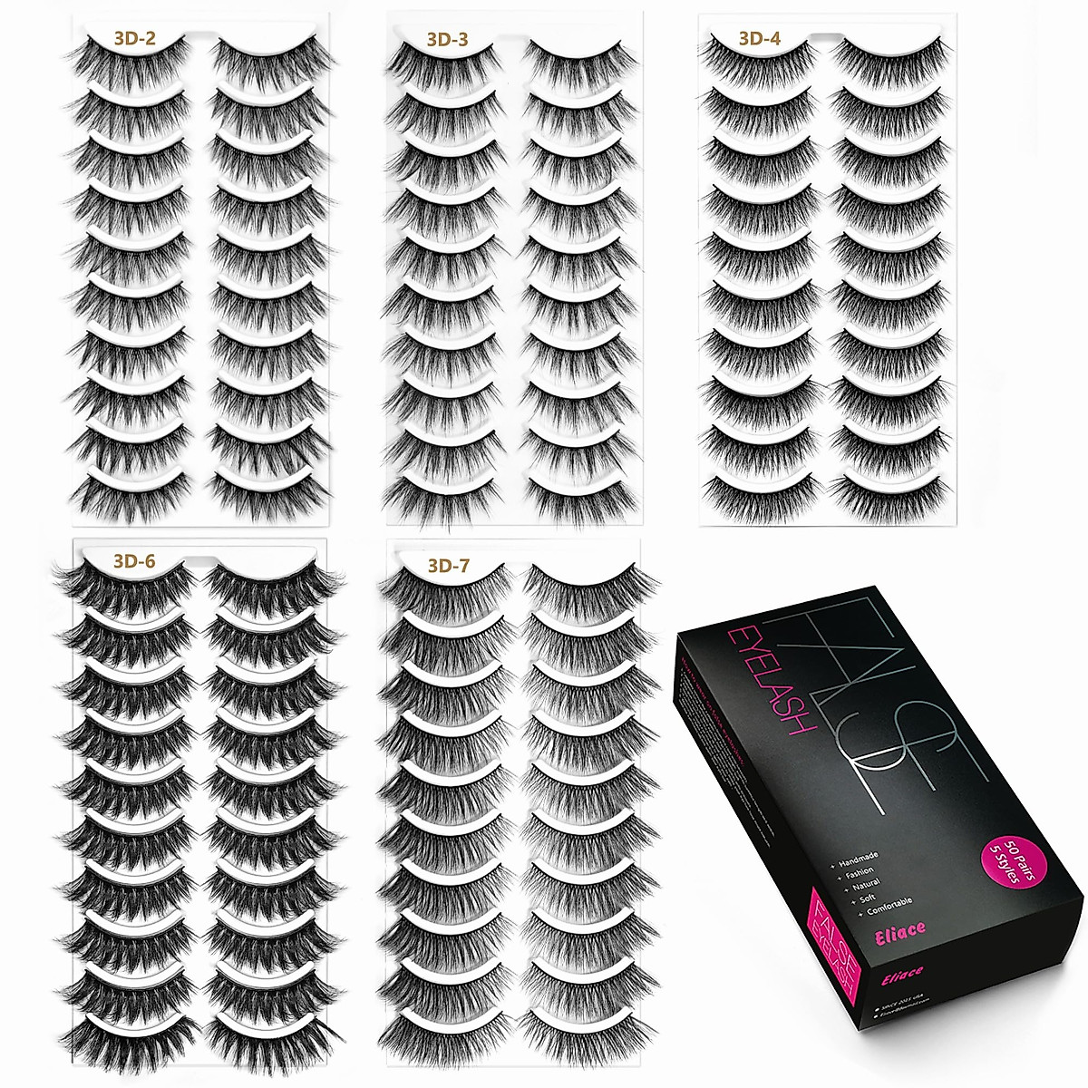 Eliace Eyelashes, 50 Pairs 5 Styles lux Faux Mink Lashes Natural Look Wispy Fluffy Handmade Cat Eye lashes False Eyelashes Set, Comfortable & Light weight Lashes Strips,Makeup Fake Eyelashes Pack