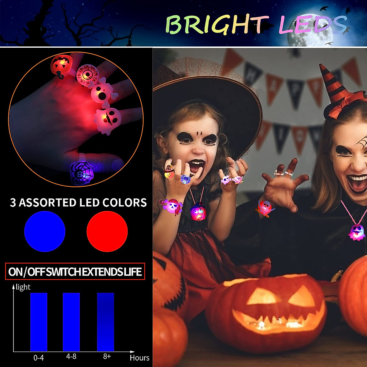 DIYASY 63 Pcs Halloween Party Favors, Light Up Rings Necklace LED Flash Bracelets Lighted Brooches Bulk Glow Toys Party Supplies Decorations for Kids