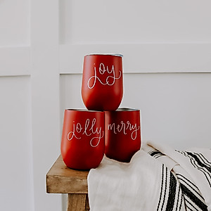 Sweet Water Decor Joy Metal Wine Tumbler | 12oz Stainless Steel Insulated Stemless Wine Cup With Lid | Cute Wine Glass with Funny Sayings for Women, Christmas, Holiday, Winter, Xmas