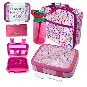 kinsho Bento Lunch Box with Insulated Bag and Water Bottle Set for Kids Toddlers, 4 Portion Sections, Removable Tray, Pre-School Girl Toddler Daycare Lunches, Snack Container, Pink Unicorn