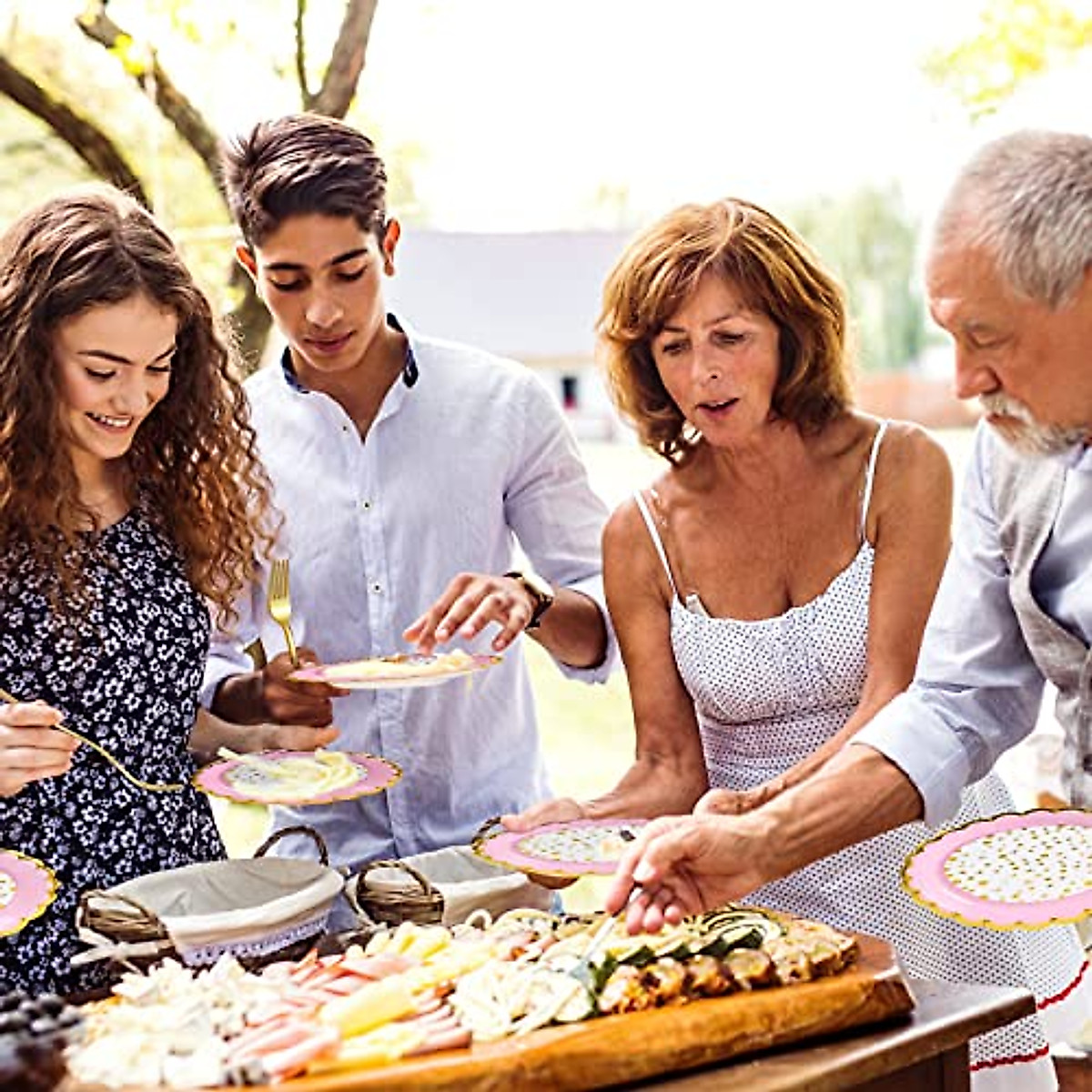 Pink and Gold Disposable Party Dinnerware Set, 20 Guest -141PCS with Paper Plates, Napkins, 9oz Cups, Plastic Silverware(Forks, Knives, Spoon), and Tablecloths, Party Supplies for Birthday Decoration
