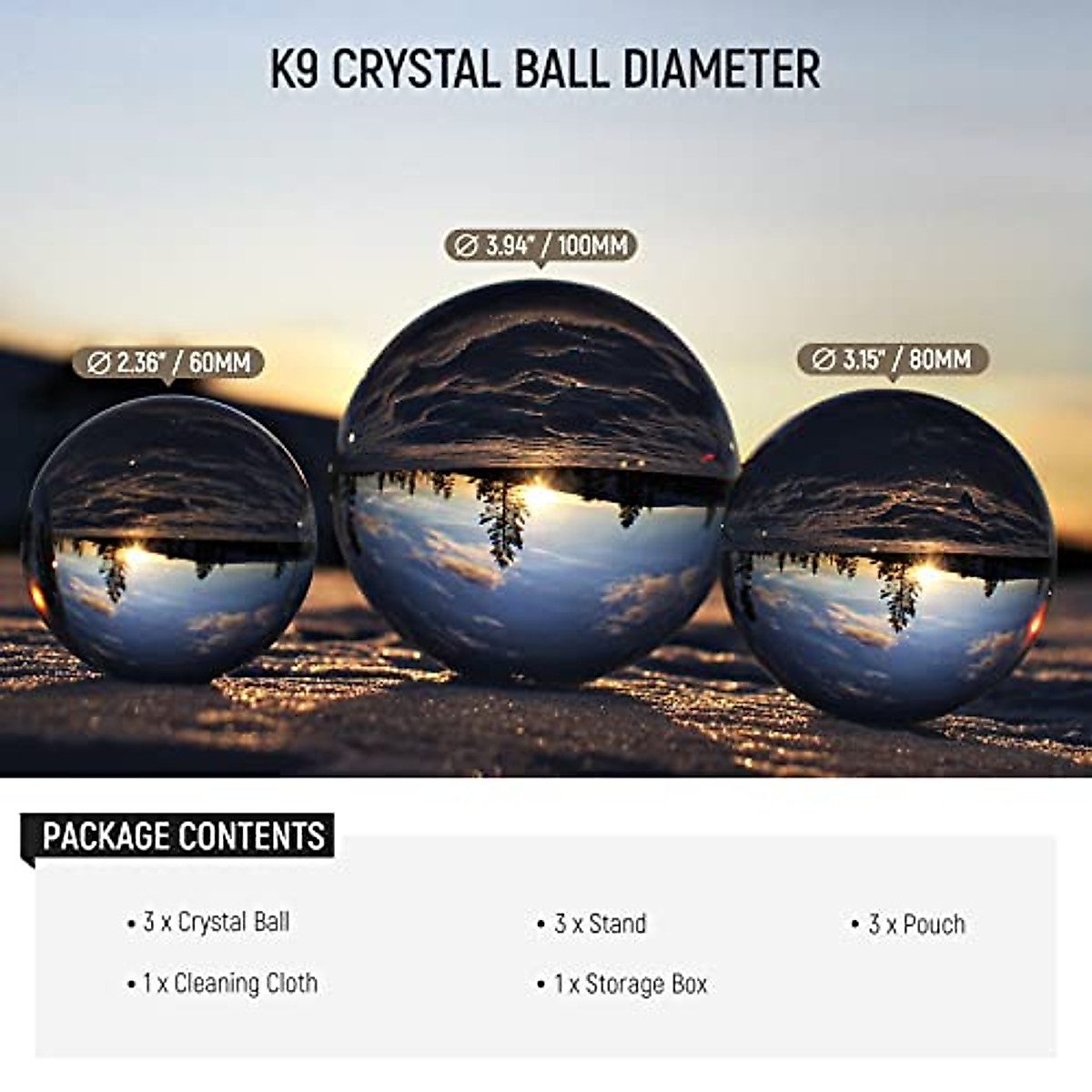 NEEWER K9 Crystal Ball for Lens, 3 Packs Glass Balls for Photo Effects with Stand, Pouch & Box, Photography Accessories Prop and Decoration (60mm/2.36", 80mm/3.15", 100mm/3.94")