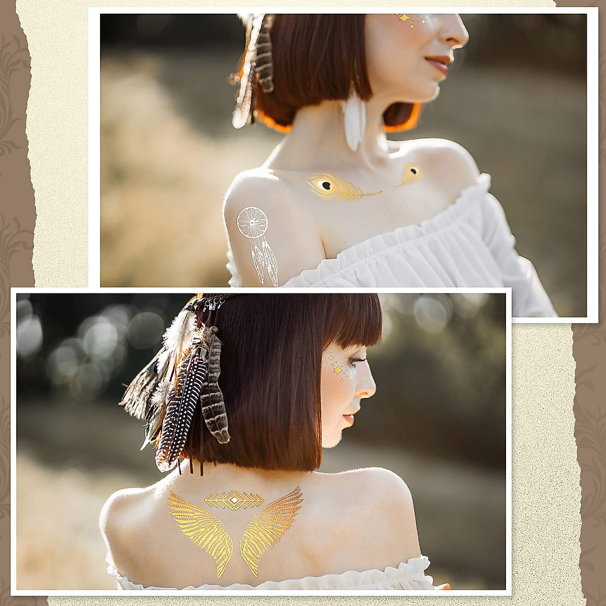 Coume 12 Sheets Gold Glitter Freckles Face Tattoo Henna Freckles Tattoos Sticker Set Mandala Flowers Fake Tattoo Stickers Waterproof Temporary Tattoos Stickers for Women Halloween Party Costume Makeup