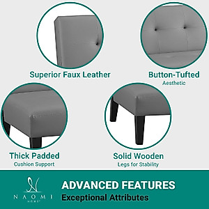 Naomi Home Gray Faux Leather Futon Sofa Bed, Modern Convertible Sofa with Wooden Legs, Reclining Small Couch Bed, Durable and Sturdy, 66'D x 32'W x 31'H