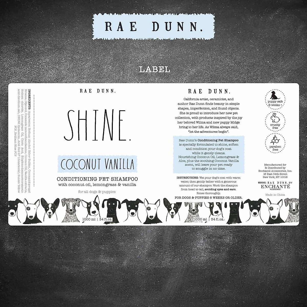 Rae Dunn Conditioning Pet Shampoo with Coconut Oil, Lemongrass and Vanilla, Coconut Mint, 1000 ml