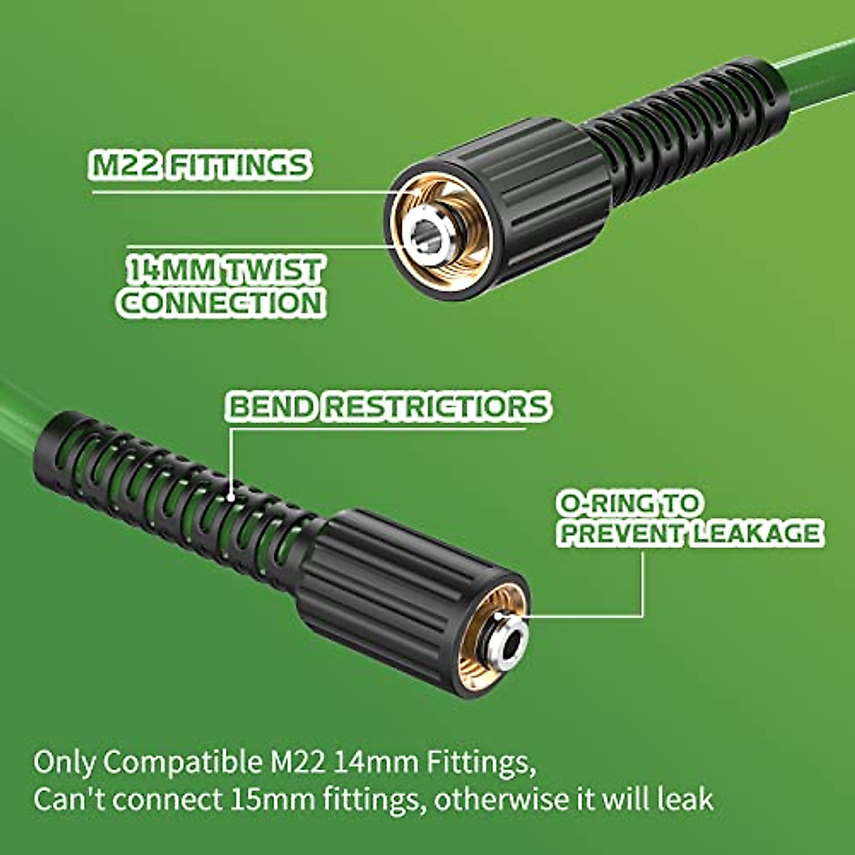 HNYRI Pressure Washer Hose 50 FT x 1/4", Kink Resistant Replacement Power Wash Hose, 3600PSI Universal Flexible Extension Hose with M22 14mm to 3/8" Quick Connect Couplers, Pressure Washer Attachment