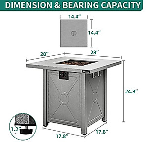 YITAHOME 28 Inch Propane Fire Pit Table, 40,000 BTU Gas Fire Pit with Ignition Systems, Iron Tabletop, Lava Rock, Cover, Lid Hanger, Square Outdoor Firetable for Patio Garden Backyard (Sliver Grey)