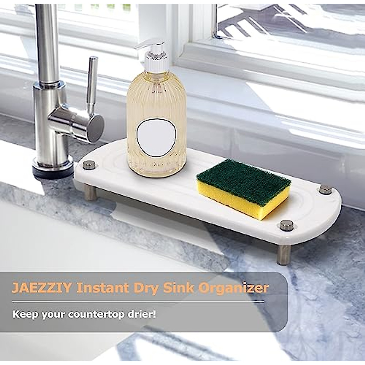 JAEZZIY Sink Caddy Instant Dry Bathroom Kitchen Sink Organizer, Sponge Holder for Kitchen Sink Diatomaceous Earth Water Absorbing Stone Sink Tray for Sponge, Soap Bottles, Toothbrush Cup, (White)
