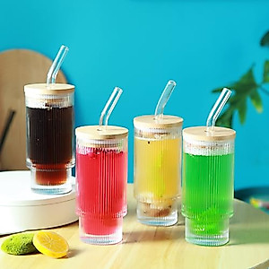 16oz Glass Cups with Lids and Straws Ribbed Glassware Iced Coffee Cup Set of 4, Drinking Glasses for Coffee Bar Kitchen Accessories Whiskey Cocktail Beer Coffee Tea, Gifts for Women.