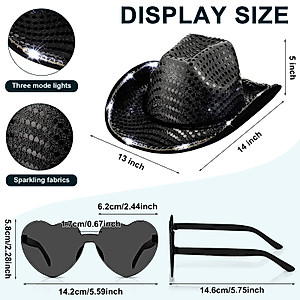 Zhanmai 6 Set LED Cowboy Hat Light Up Glitter Cowboy Hat with Sunglasses Sequin Space Cowgirl Hat for Women Men Costume (Black)
