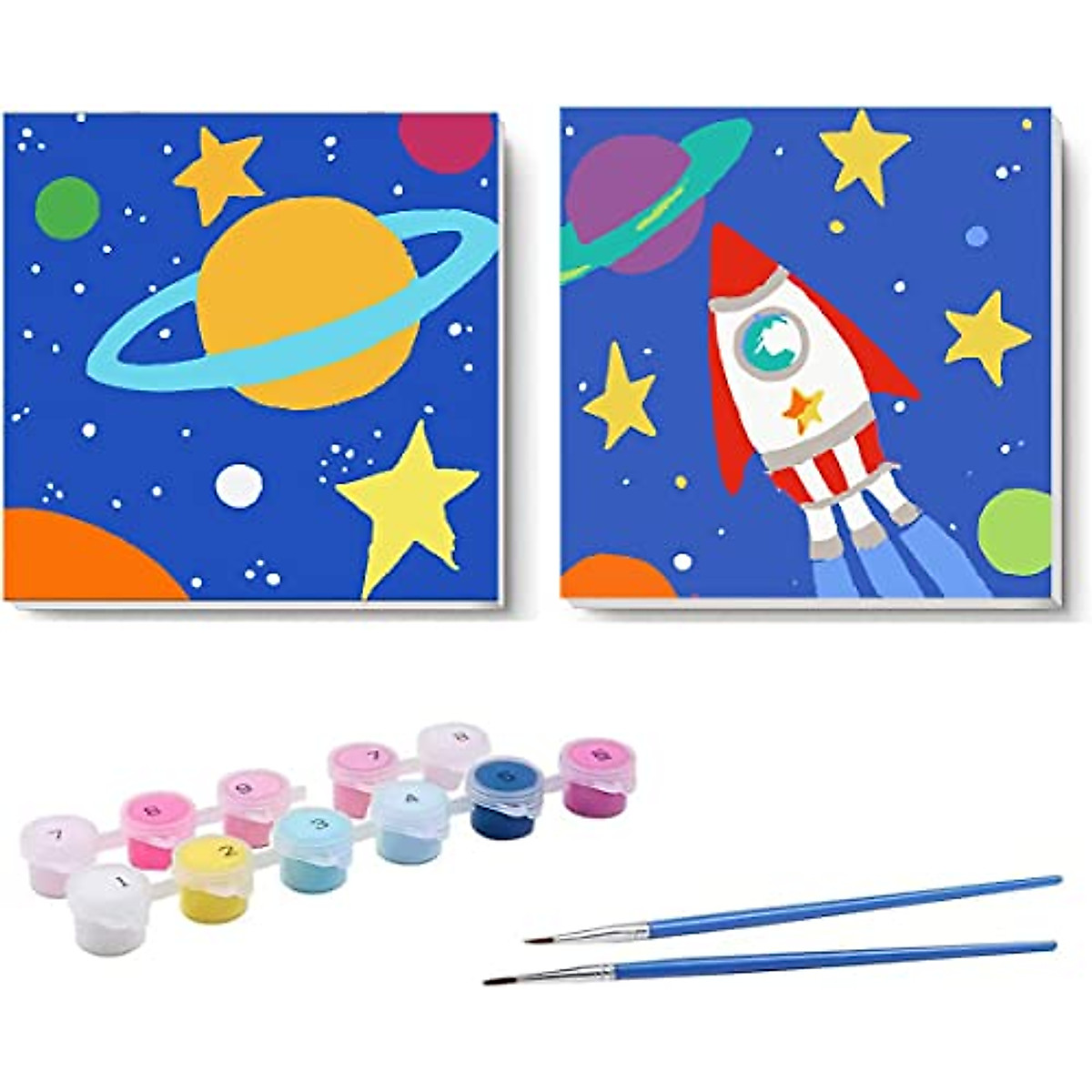 WUSARPLY 2 Pcs DIY Paint by Numbers for Kids - Premium Moon Star Painting Canvas with Wooden Framed Easy Number Painting Set for Girls Boys Beginner Colorful Sun Rocket Pattern 7.8"x7.8"