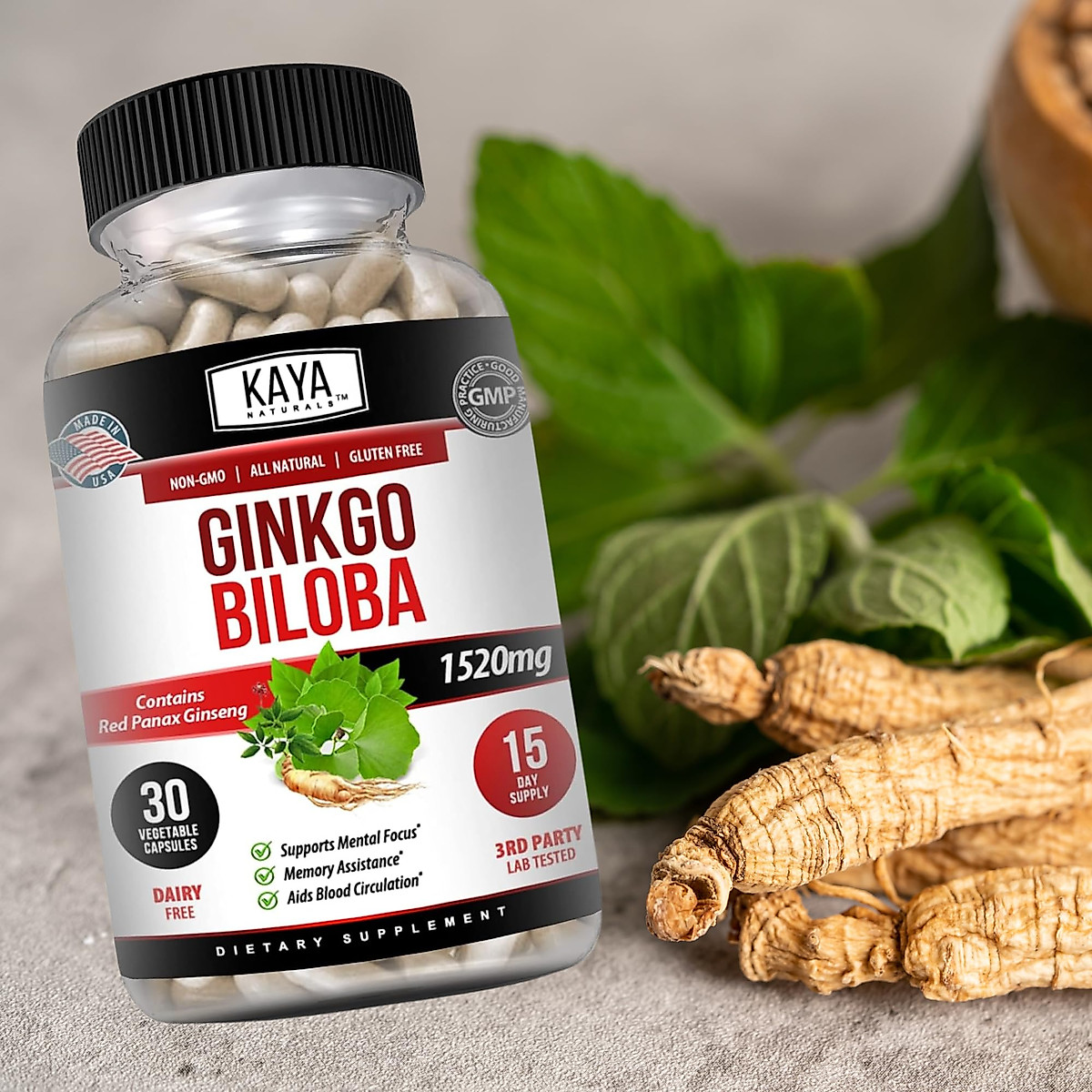 Kaya Naturals Red Panax Ginseng + Ginkgo Biloba | Nootropic Brain Supplement | Cognitive and Concentration Support | Brain Booster, Focus, and Memory Supplement | 30 Capsules
