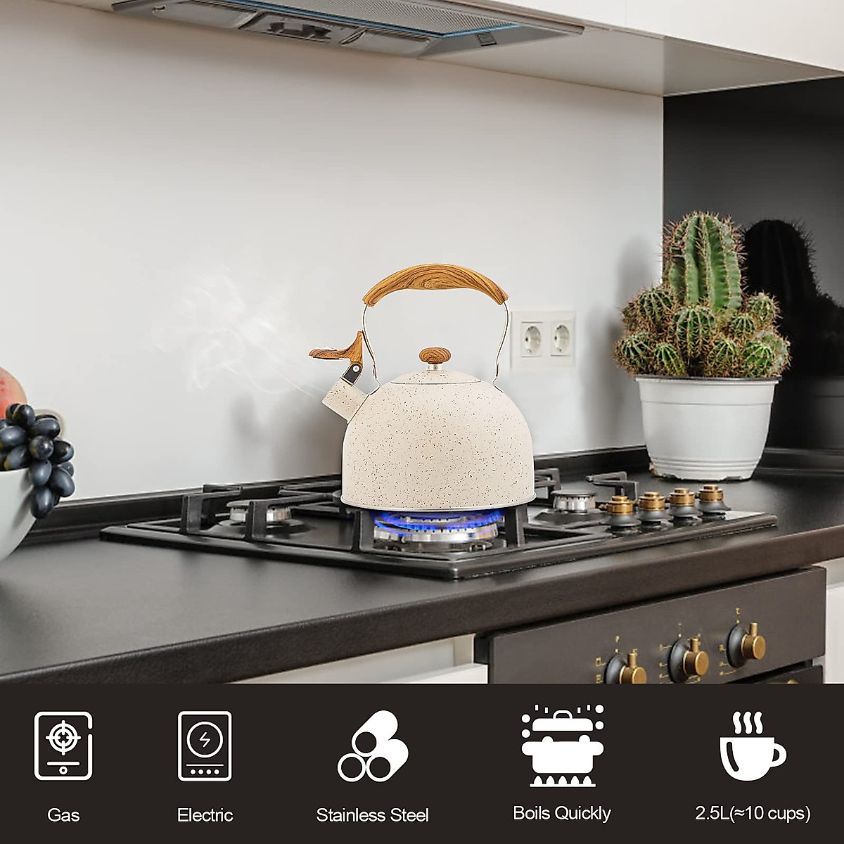 2.6 Quart/2.5 Liter Whistling Tea Kettle Stainless Steel Tea Pots for Stove Top Stylish Kettle With Wood Pattern Anti-slip Handle, White