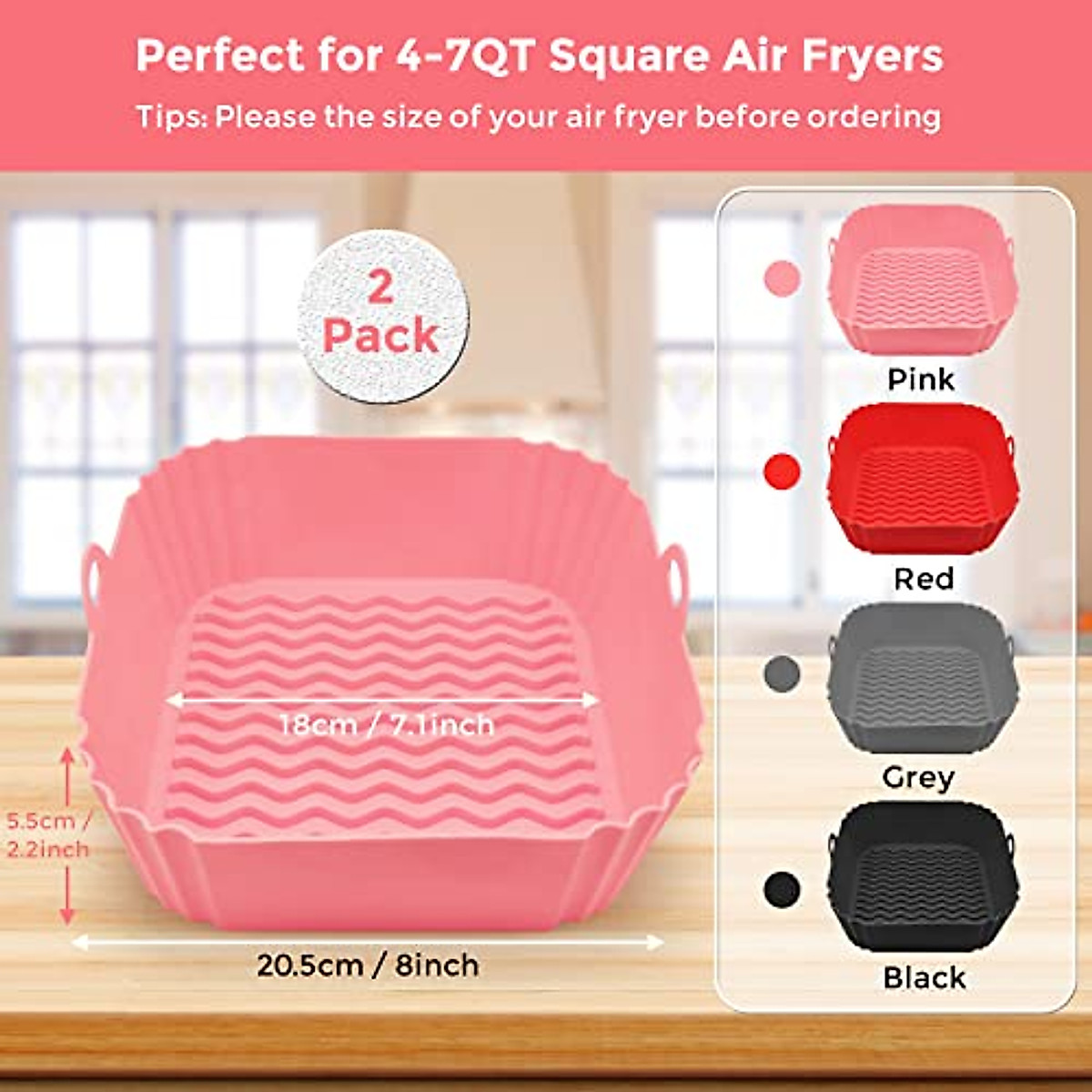 2 Pack Square Air Fryer Liners Silicone, 8 IN Food Grade Reusable Heat Resistant Silicone Air fryer Bowls Inserts Baskets Pots Accessories for COSORI Instant Vortex 4 to 7 QT Air Fryer Oven Microwave