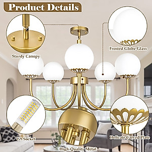 Yolsunes 5-Light Gold Chandelier, Globe Modern Sputnik Light Fixture with Frosted Glass, Vintage Semi-Flush Mount Ceiling Light for Dining Room, Large Pendant Lighting for Kitchen Living Room Bedroom