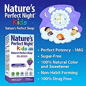 Nature's Perfect Night Kids | Kids Melatonin 1mg | 100 Chewable Tablets | Natural Grape Flavor | Sugar Free | Vegan | Gluten Free | Drug Free | Value Size