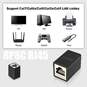 VCELINK RJ45 Inline Coupler, Ethernet Cable Extender for Cat7/Cat6A/Cat6/Cat5 Cable 10Gbps, Shielded Network Coupler Female to Female 2-Pack, Black