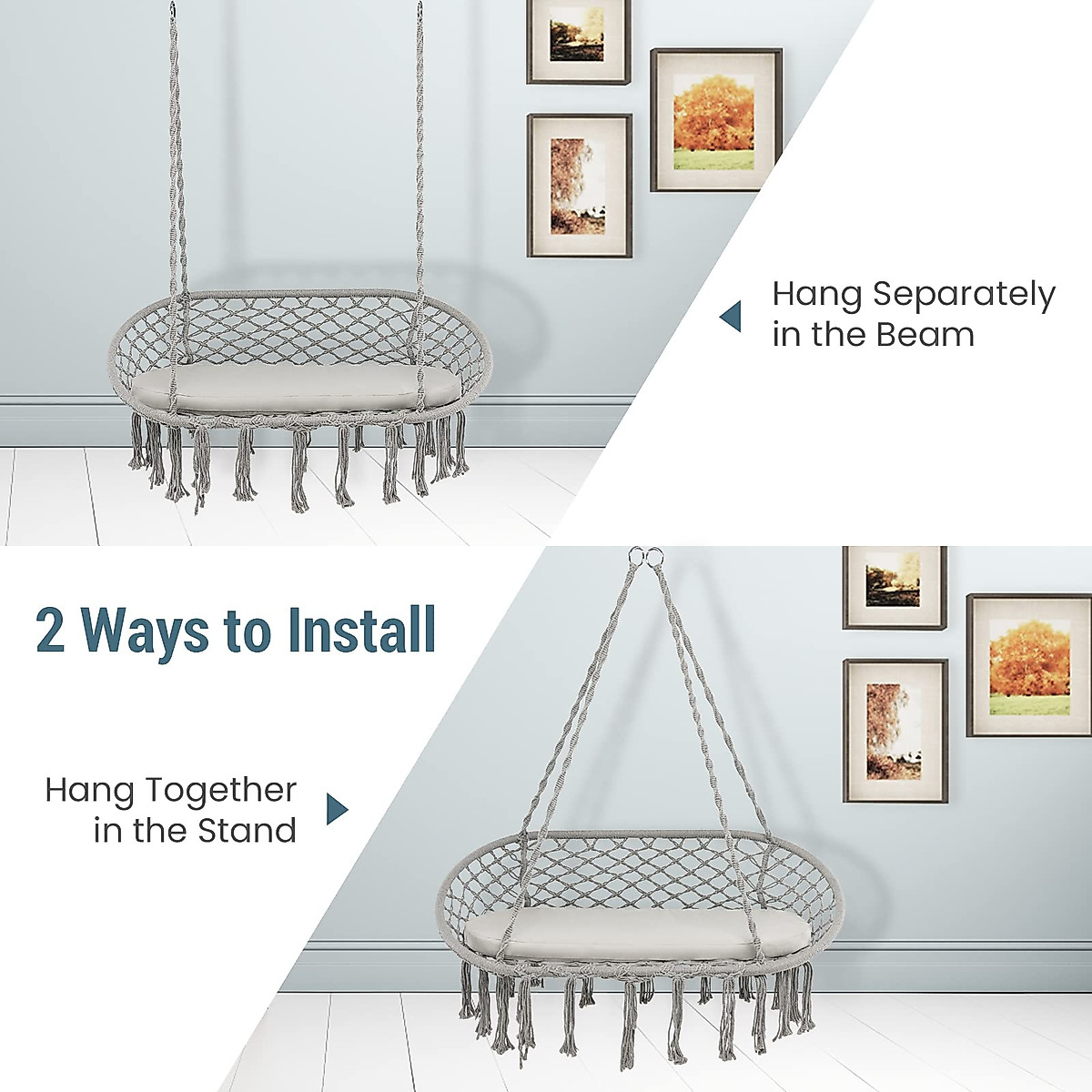 Giantex 2-Seat Hammock Chair, Macrame Swing with Cushion, Hanging Cotton Ropes, Metal Frame, Hanging Chair with330 lbs Capacity for Hammock Stand, Living Room, Patio, Balcony, Backyard (Gray)