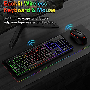 BlueFinger Wireless Gaming Keyboard and Mouse, Rechargeable Rainbow Backlit Wireless Keyboard and Ergonomic Light Up Mouse Combo for Windows, Mac, PC, Laptop