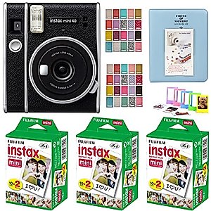 Fujifilm Instax Mini 40 Instant Camera with Fuji Instax Twin Pack Mini Film 60 Exposures, Album + Stickers + Frames