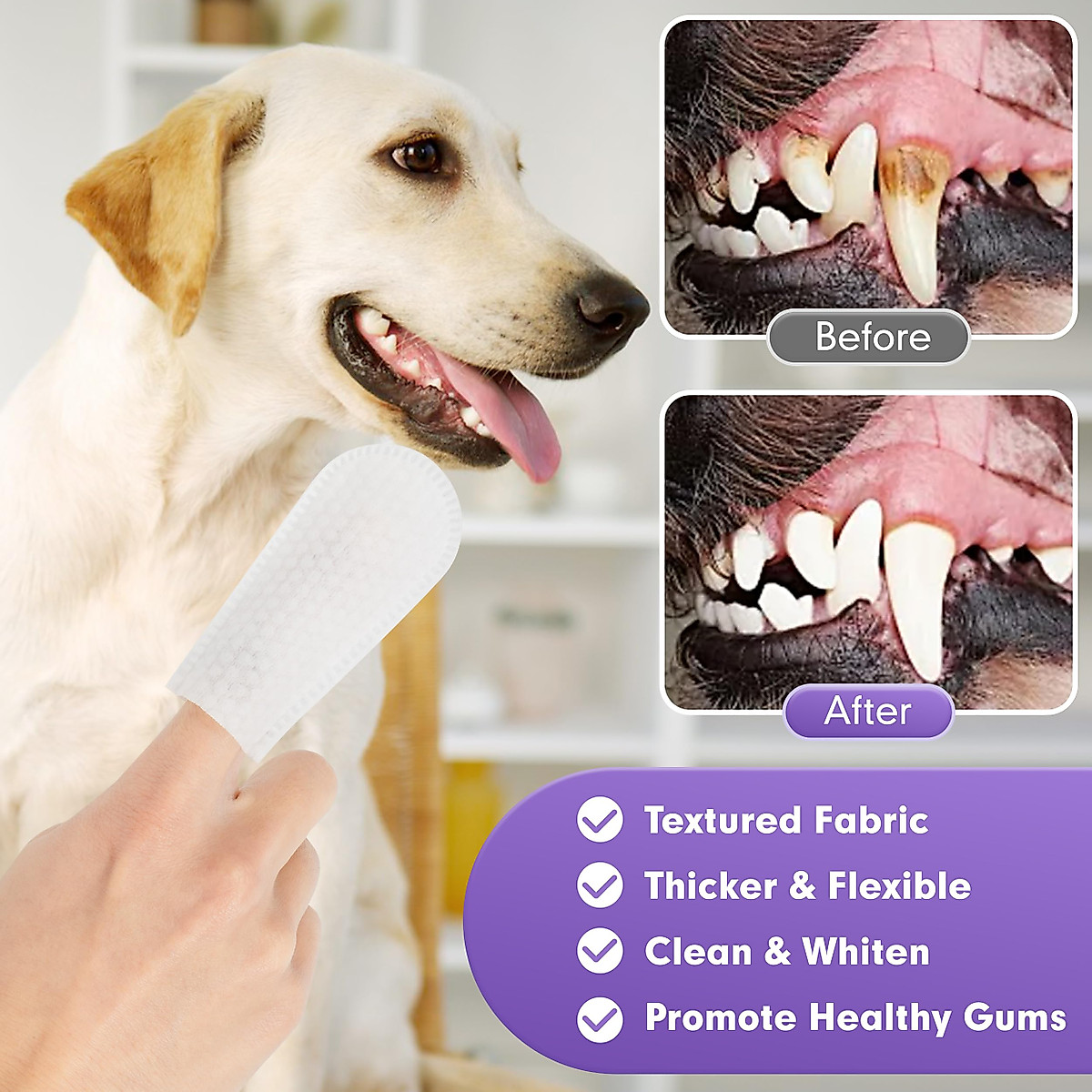 cyeollo Dog Dental Wipes for Teeth Cleaning Pet Finger Wipes Reducing Plaque & Tartar, Breath Freshener Disposable Gentle Cleaning & Gum Care Pet Wipes for Dogs Cats No-Rinse Toothbrush, 50 Counts