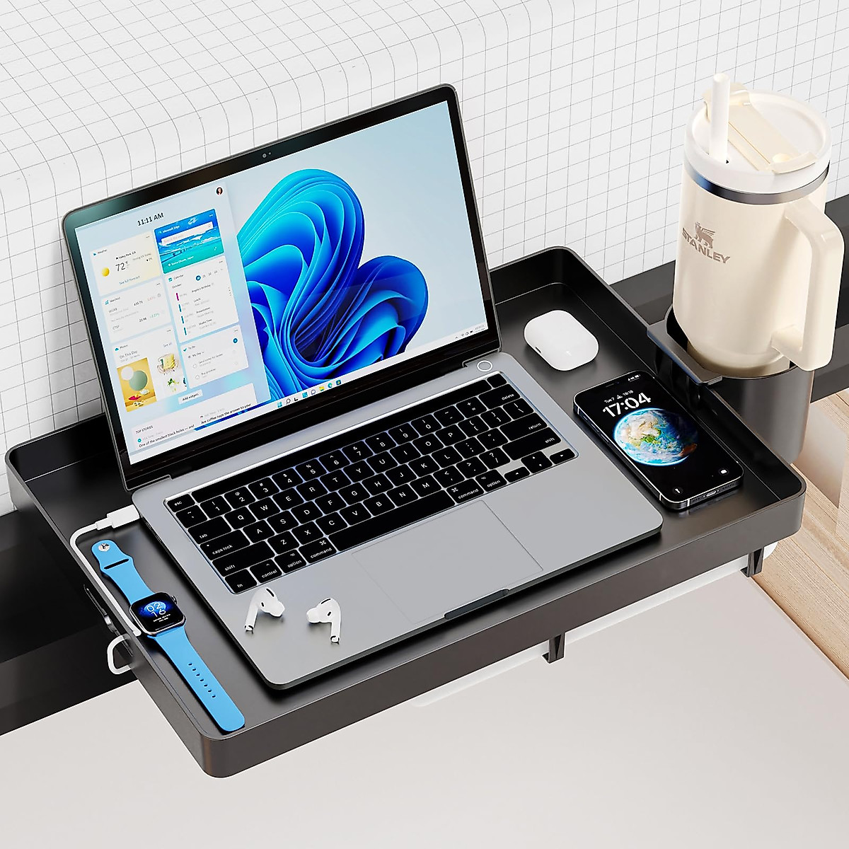 Bedside Shelf, Bunk Bed Table Shelf for Top Bunk, Black Clip On Nightstand with Removable Cup Holder&Power Strip Holder,Bunk Bed Tray for Dorm Bed&Loft Bed,College Dorm Room Essential(Updated Version)