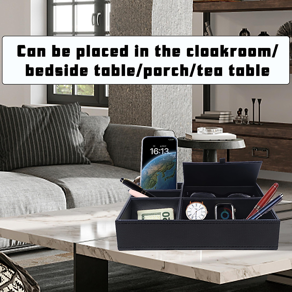 Zcaukya Men's Valet Tray, Jewelry Box Nightstand Organizer with 5 Compartments for Phone Keys Wallet Watch Glasses, Faux Leather Dresser Entryway Catchall Holder for Father's Day Gift (Black)