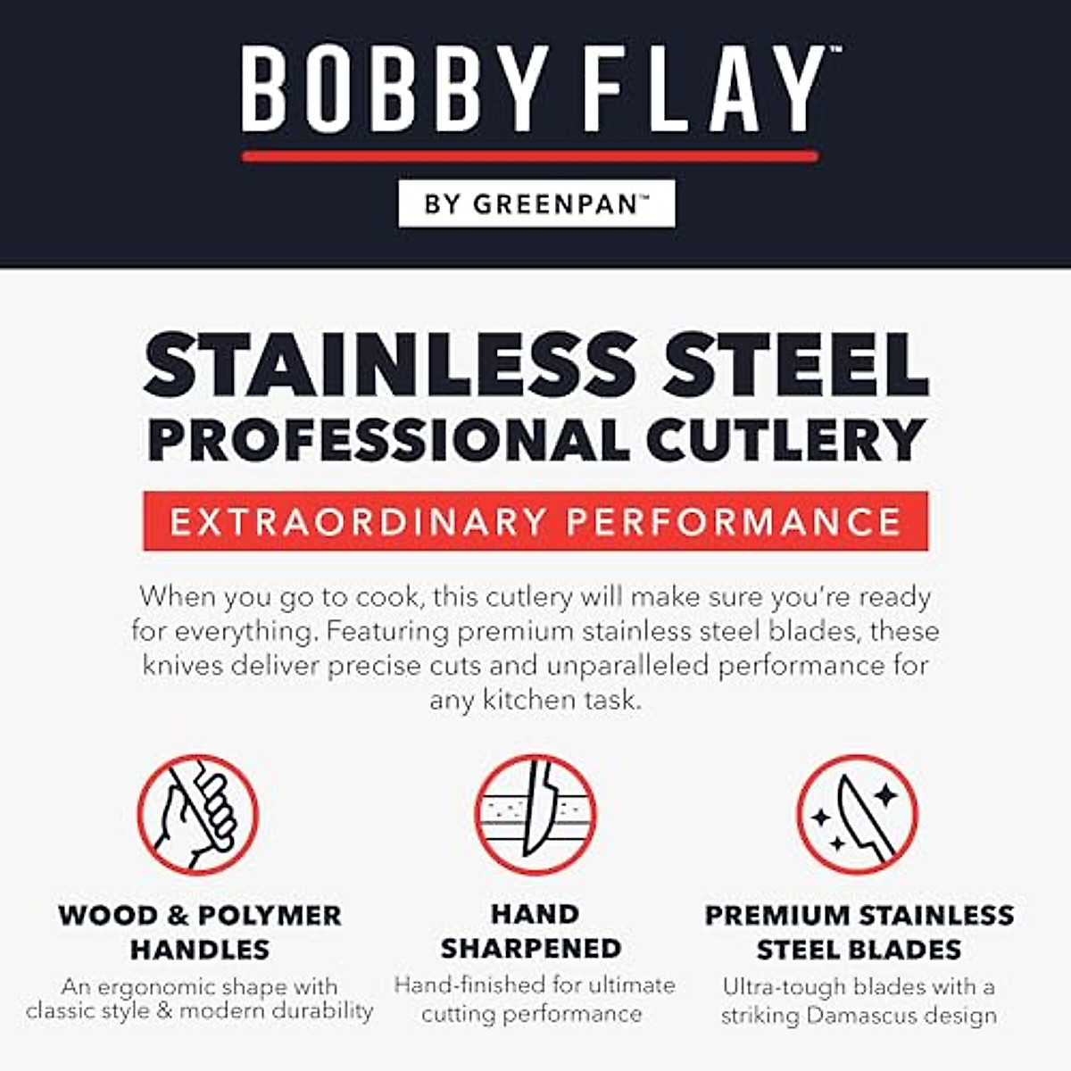 GreenPan x Bobby Flay 13 Piece Stainless Steel Cutlery Kitchen Knife Block Set, Premium Stainless Steel Blades, Acacia Wood Knife Block, Hand Finished Wood Handle, Damascus Steel Design