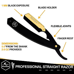 Professional Matte Black Barber Straight Razor with 10 Premium Quality Straight Edge Razor Shark Blades, For Smooth Shave and Lining Up Your Beard (Black)