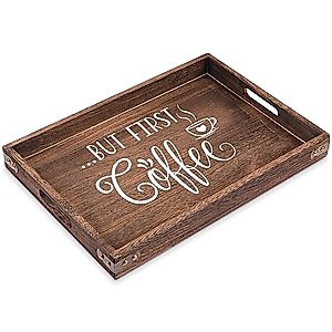 But First Coffee - Rectangle Wooden Coffee Serving Tray with Handles, Funny Rustic Farmhouse Foods Tray Coffee Table Tray Home Kitchen Decorative for Coffee Lovers Gifts