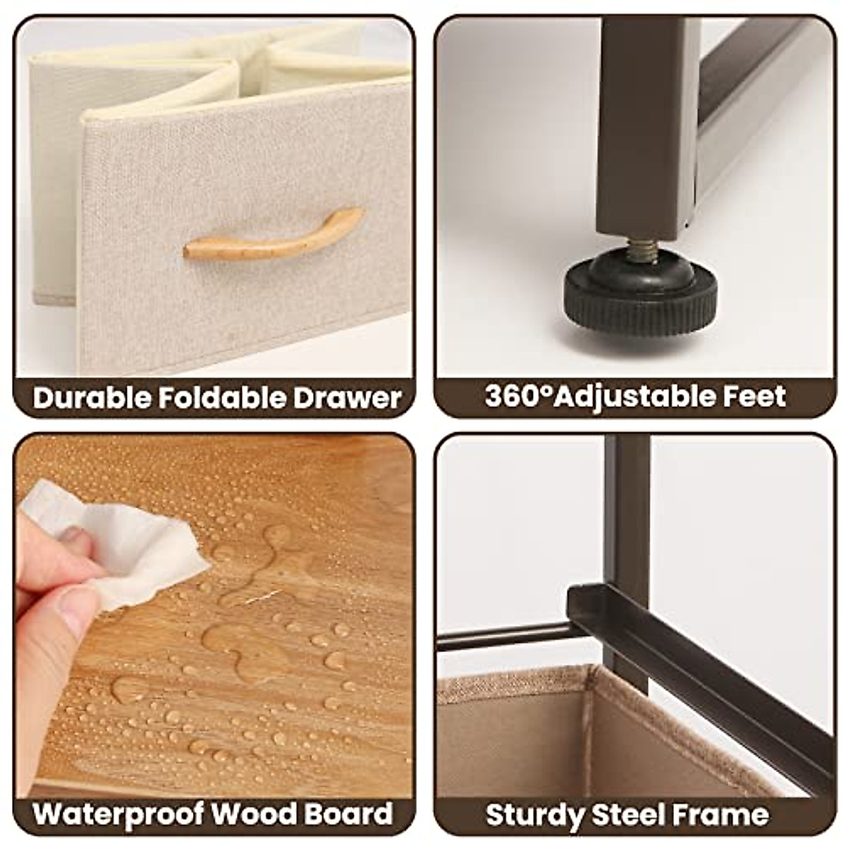 CONNOO Fabic 7 Drawer Dresser Storage Tower, Large Capacity Vertical Organizer Unit for Bedroom, Hallway, Entryway, Closet, Nursery, Sturdy Steel Frame, Wooden Top & Handle, Easy Pull Fabric Bins