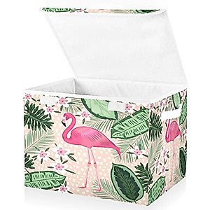 Kigai Tropical Pink Flamingo Storage Bins with Lids and Handles 17x13x12 In Foldable Fabric Storage Basket Toys Clothes Organizer for Shelves Closet Home Bedroom Office