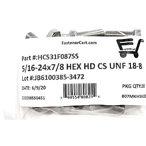 5/16-24x7/8 Stainless Steel Hex Cap Screws FT Hex Bolts 18-8 (UNF) FINE Thread (20 Pieces)