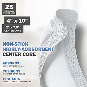 EVERLIT Island Dressing Bordered Gauze | Large Wound Care Bandage with Adhesive Border| Sterile, Soft & Highly Absorbent Medical Grade Dressing Pad (4x10 Inch (Pack of 25))