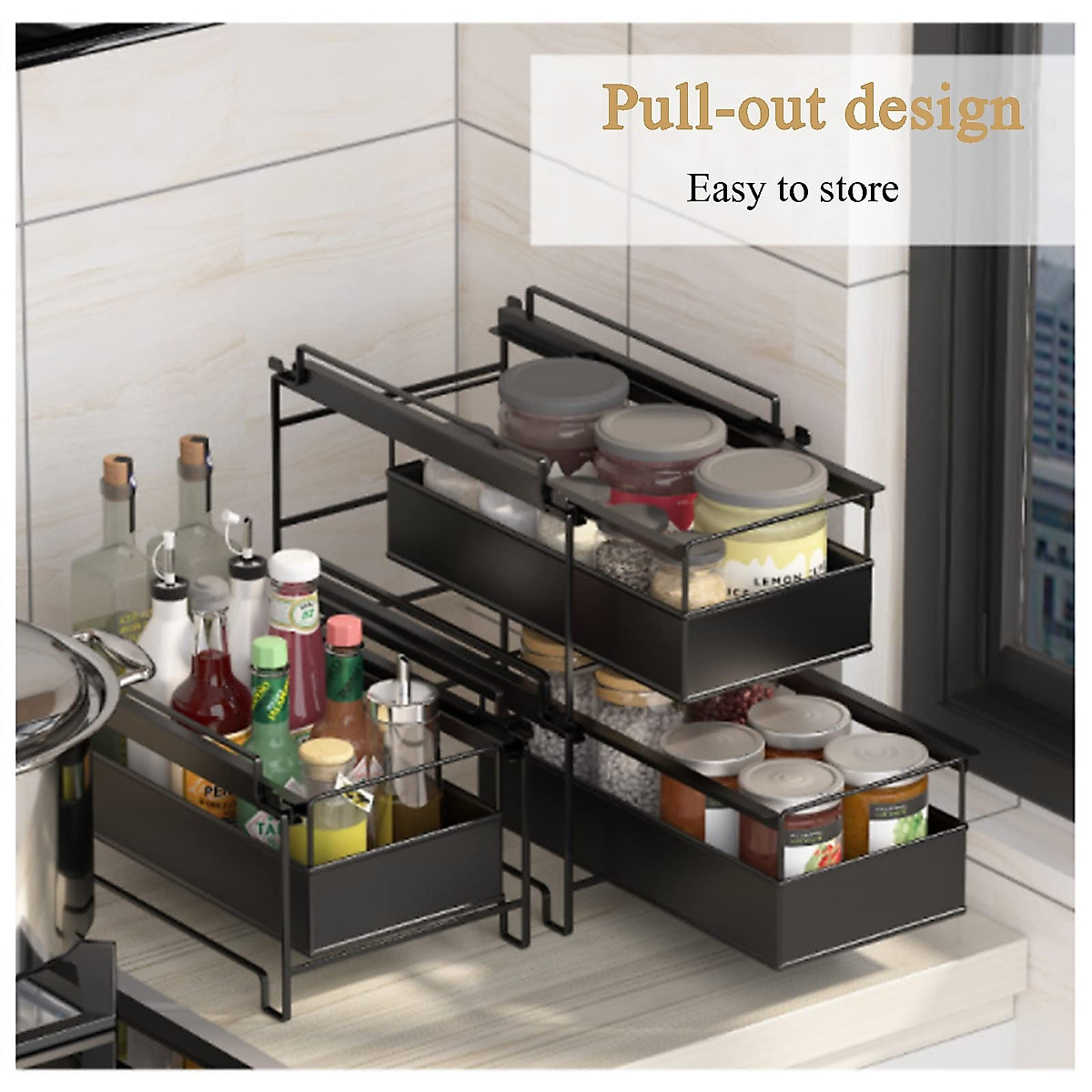 LEAYAN Under Sink Storage Cabinet Organizer Drawer, Sink Organizer Cabinet Organizer for Kitchen Bathroom Storage Under Sink Rack Shelf, White 39.5x24.5x18.5cm