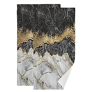 Jucciaco Black Marble Hand Towel for Bathroom Kitchen, Absorbent Black Grey and Gold Marble Bath Hand Towels Decorative, Soft Polyester Cotton Towels for Hand, 28x14 inches, Set of 2