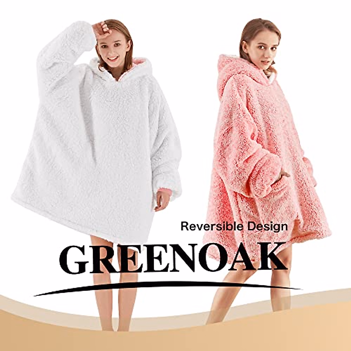 greenoak Blanket Hoodie Oversized Sherpa Wearable Blanket Sweatshirt, Ultra Soft Fuzzy Fleece Hooded Blanket, Plush Cozy Warm Reversible Sherpa Hoodie Blanket for Women Men Adult Teen (Large, Pink)