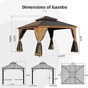 DHPM 12x12FT Hardtop Gazebo with Galvanized Steel Double Roof, Outdoor Metal-Look Aluminum Frame Canopy with Netting and Removable Zippered Curtains, Pergolas for Patio, Garden, Lawn and Backyard