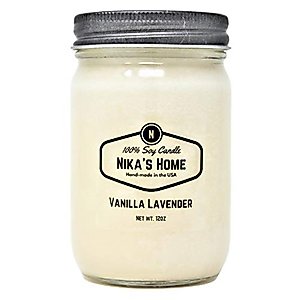 Nika's Home Vanilla Lavender Soy Candle 12oz Mason Jar Non-Toxic White Soy Candle-Hand Poured Handmade, Long Burning 50-60 Hours Highly Scented All Natural, Clean Burning Candle Gift Décor