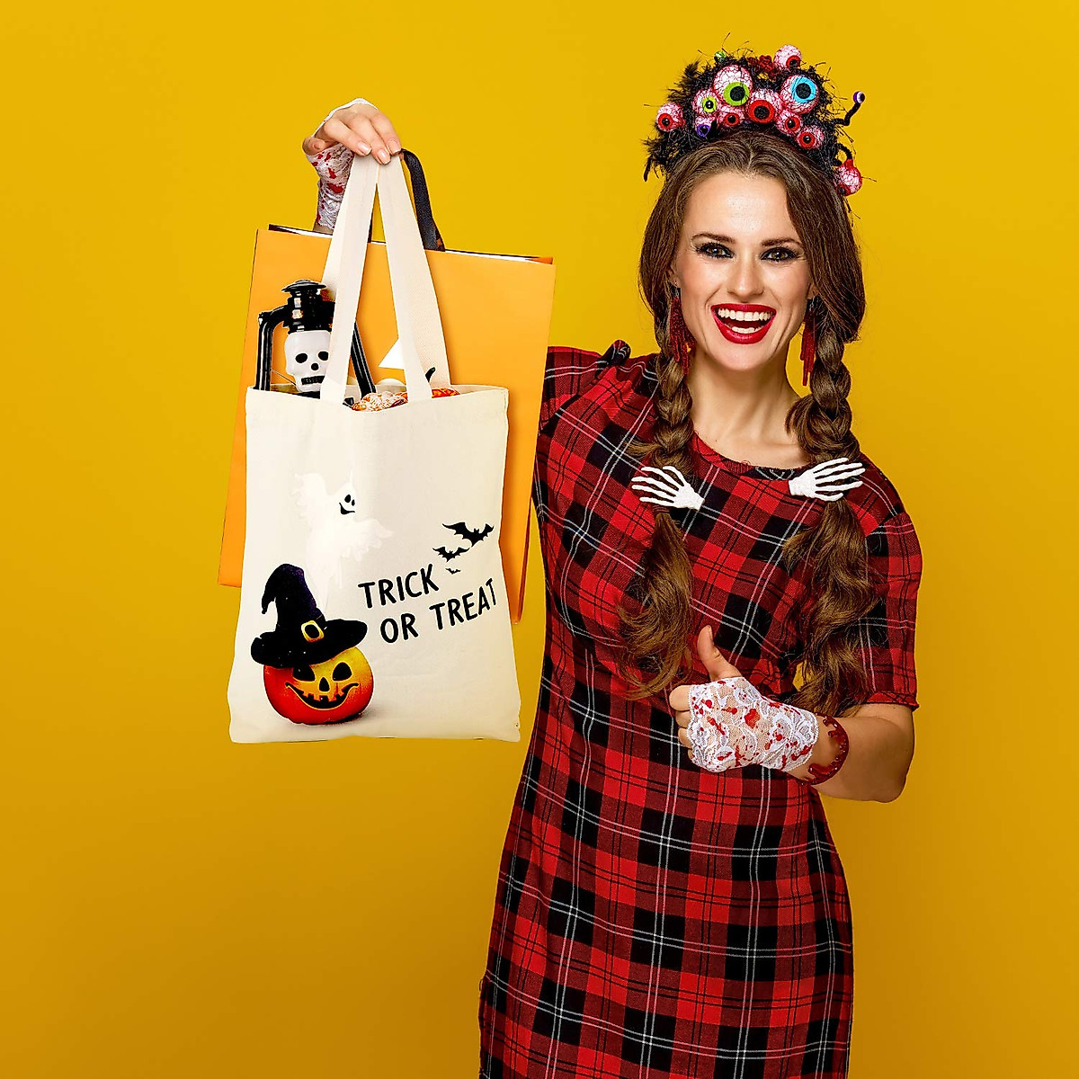Weewooday 2 Pieces Halloween Tote Bag Reusable Canvas Bag Grocery Shopping Bag Pumpkin Candy Bag for Halloween Party or Daily Supplies