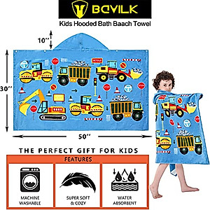Bavilk Kids Hooded Bath Beach Towel Girls Boys Swim Pool Cover Up Super Absorbent Cute Cartoon Animal Full Vitality (Blue Car)