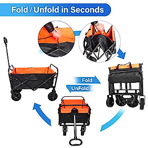 Collapsible Folding Wagon with 150Lbs Capacity, Outdoor Utility Wagon Cart with Wheels, Grocery Wagon for Sports, Camping, Garden and Shopping, 22" W X 13" D X 9" H Interior, Black