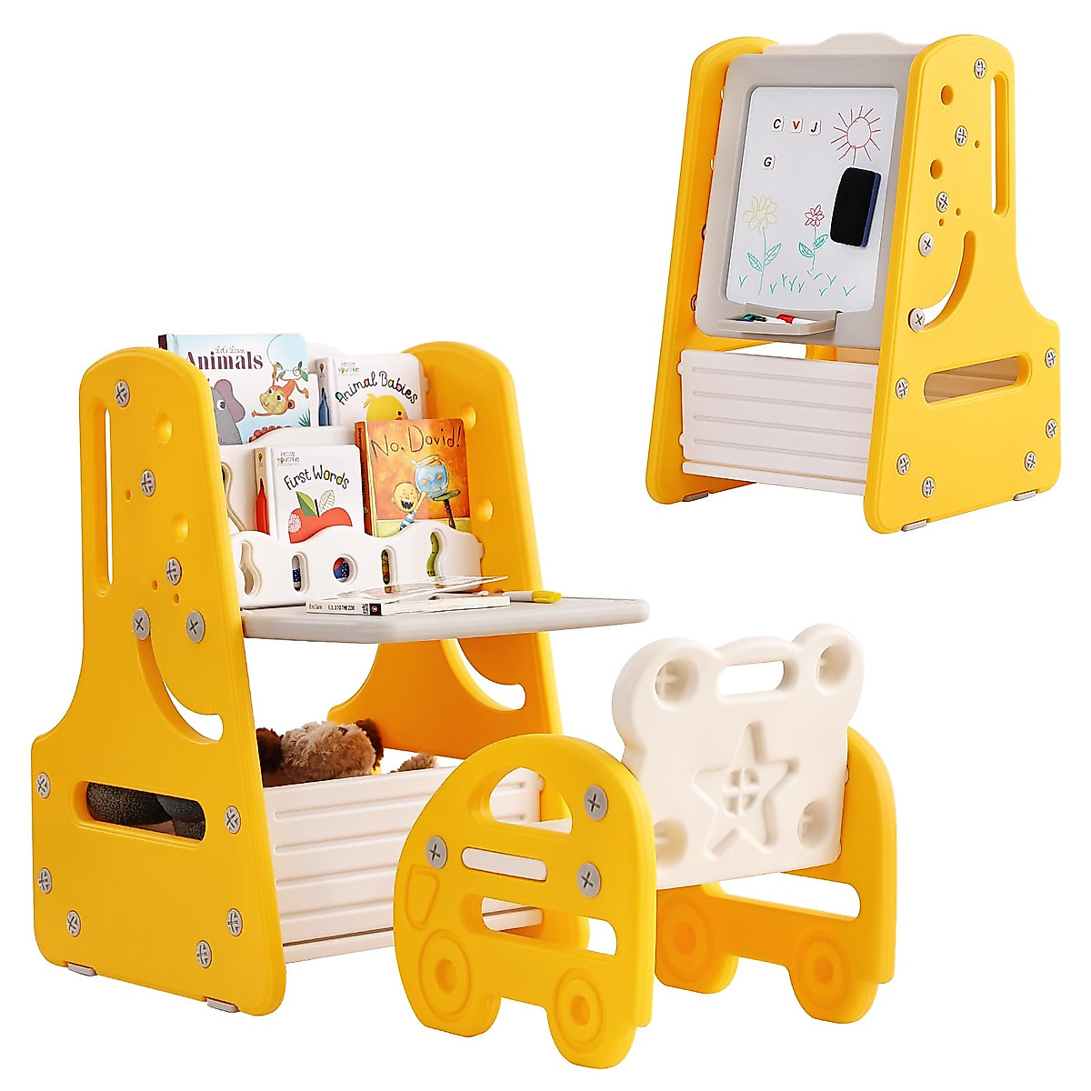 Tiita Kids Art Easel with Stool, 3 in 1 Double-Sided Magnetic Dry Erase Board and Kids Book Rack with Foldable Desktop, Standing Easel with Bottom Storage Shelf, Yellow