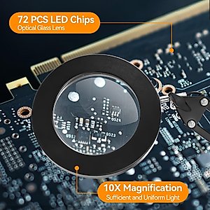 Magnifying Glass with Light and Stand, LAKIX 10X Lighted Magnifying Glass with 72 LED Lights, 3 Color Modes Lighted Magnifier & Adjustable Arm for Reading, Craft, Painting and Close Work (Black)