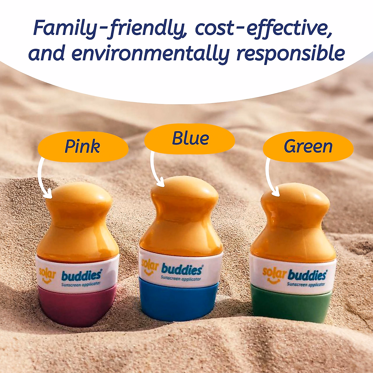 Solar Buddies Sunscreen Applicator - Blue Pack of 3 - BPA-Free Refillable Roll on Sponge Sunscreen, Suncream & Lotion Applicator For Kids, Adults & Families - Holds 3.4fl oz, Perfect Size for Travel