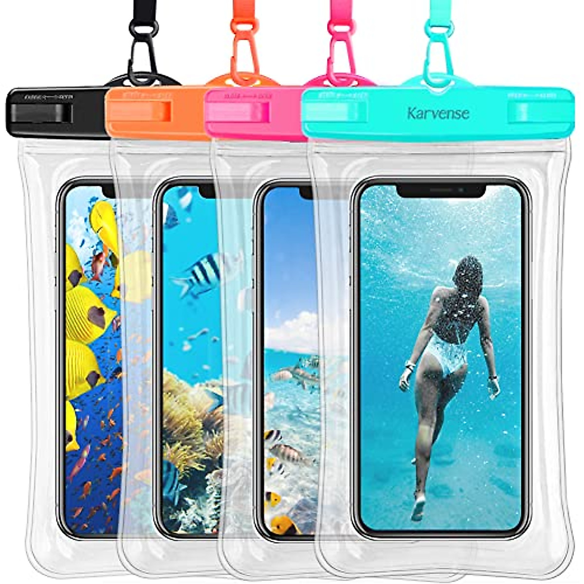 Karvense Waterproof Phone Pouch Case Floating, Waterproof Cell Phone Lanyard Bag/Holder for iPhone, Samsung Galaxy, Pixel, Universal Dry Bag for Vacation, Beach, Shower, Kayaking, Snorkeling- 4 Pack